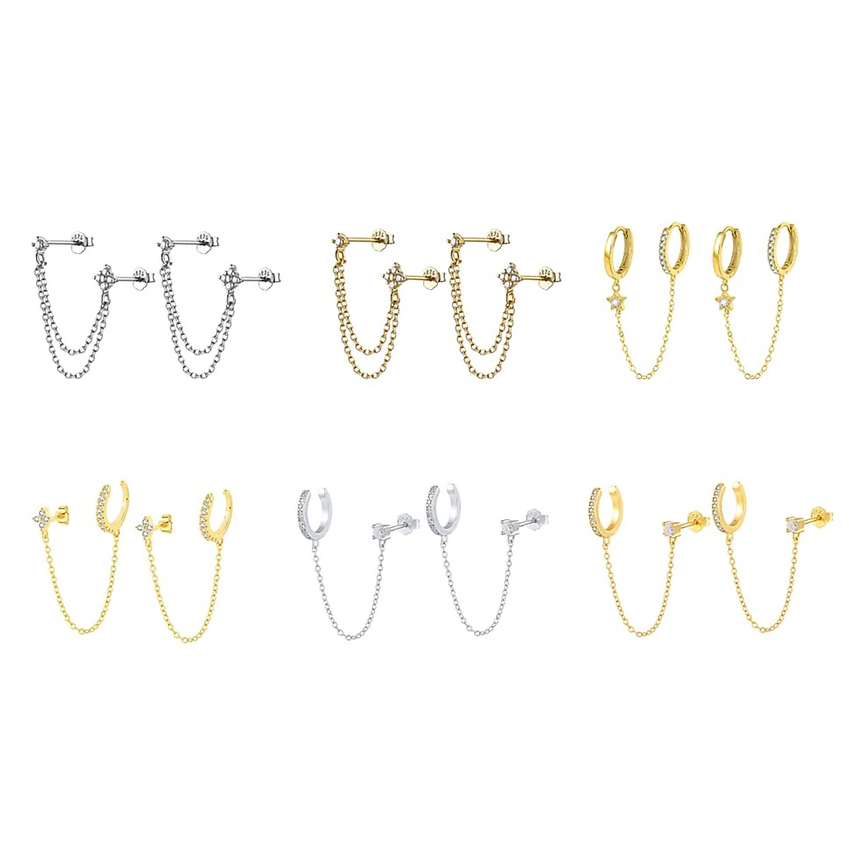 Lansora Double Piercing Earrings Silver Gold Cz Cubic Zirconia Stone Chain Link Dangle Stud Earrings