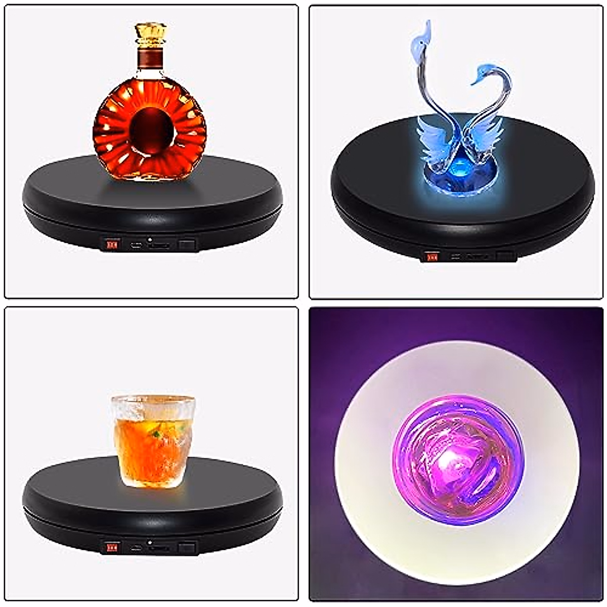 ELEGICKLIP 9.8" 44 Lb Load Rotating Display Stand with Multicolor Led Light for Cup Crystal Glass Spherical Jewelry Display Electric & Battery-Operated Platform (Black)