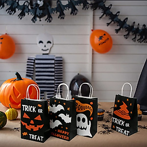 STEFORD Halloween Paper Treat Bags,24PCS Black Series Halloween Trick or Treat Candy Gift Goodies Tote Bags with Handle for Halloween Party Favors Supplies