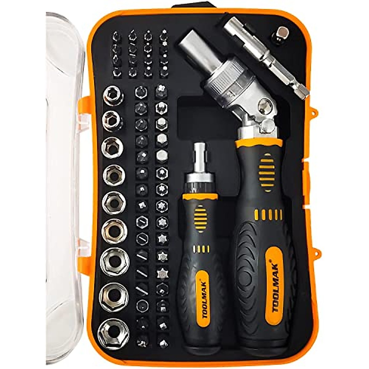 Ratcheting Screwdriver Set TOOLMAK 61pcs Socket Set & Screwdriver Bit Set with Rotatable Ratchet Handles ＆ Storage Case, Household Repair Tool Kits for Bike