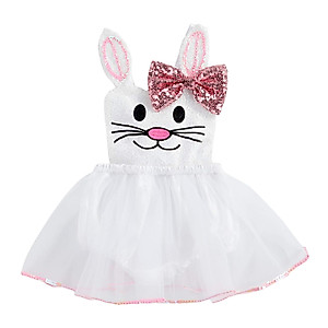 Infant Toddler Baby Girl Easter Outfits Sequin Rabbit Bunny Romper Tutu Dress Bow Halter Sleeveless Bodysuit Party Dresses (White, 18-24 Months)