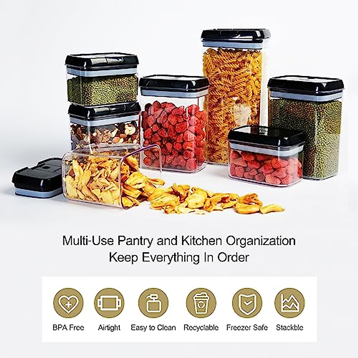 OMNISAFE Airtight Food Storage Container Set, 7Pcs Kitchen & Pantry Organization Containers, BPA Free Clear Plastic Canisters for Cereal, Sugar & Dry Food with Easy Lock Lid, Include 9 Labels,