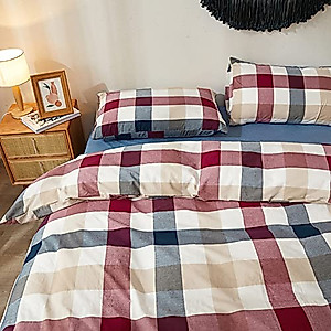 Blue Red Duvet Cover Twin Size, 100% Washed Cotton Duvet Cover Set Checkered Bedding Set Geometric Grid Comforter Cover 3 Piece with Zipper Closure, 1 Duvet Cover 68x90 inches and 2 Pillowcases