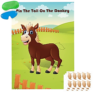 Hxezoc Pin The Tail On The Donkey Party Game with 30 Pcs Tails Large Donkey Games Poster for Kids Birthday Party Carnival Party Supplies