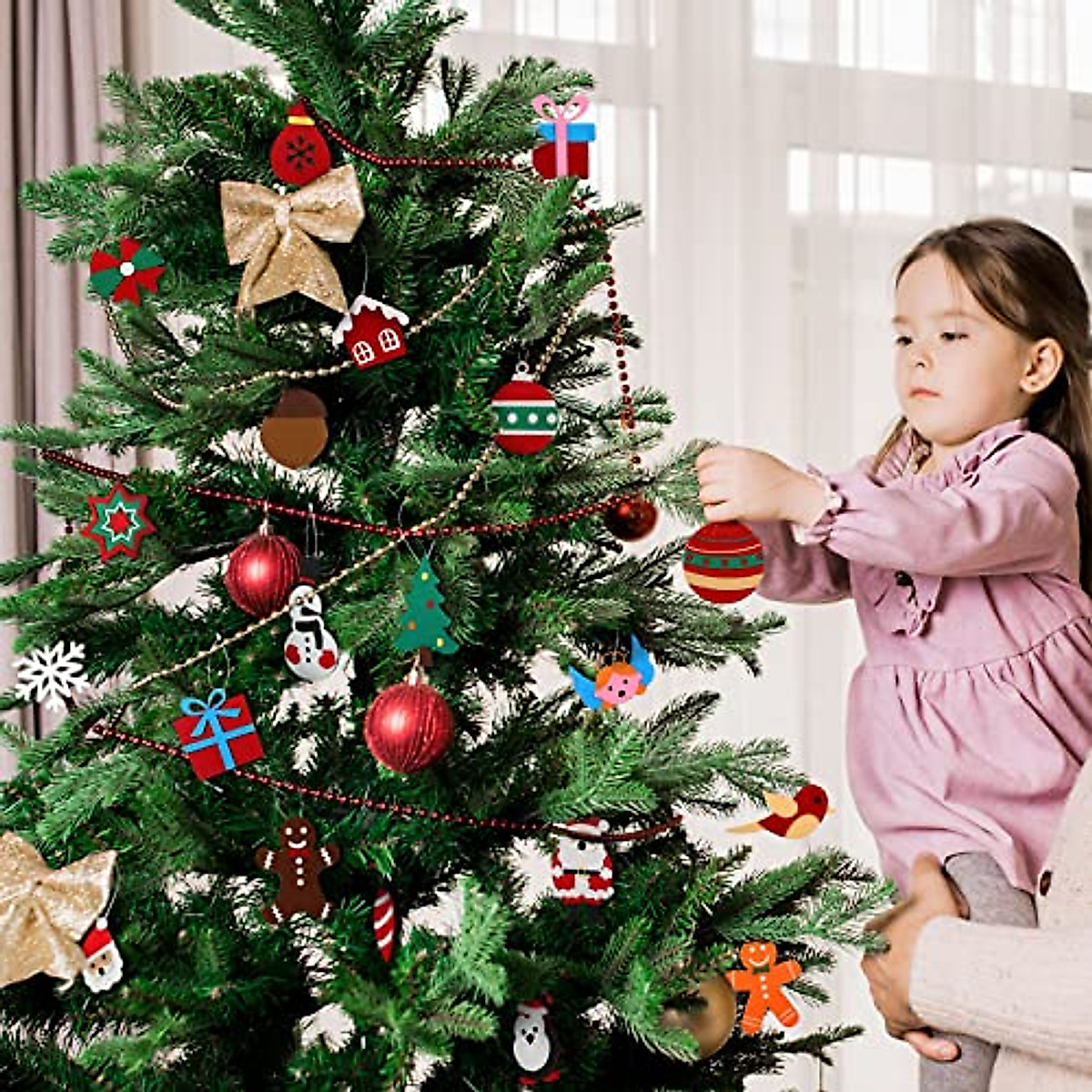 50 Pieces Christmas Tree Felt Ornament Hanging Decorations 5 Inches Mini Xmas Tree Kids Toddler DIY Felt Craft Santa Snowman Angel Reindeer Hanging Ornament for Christmas Tree Party Decorations Gifts