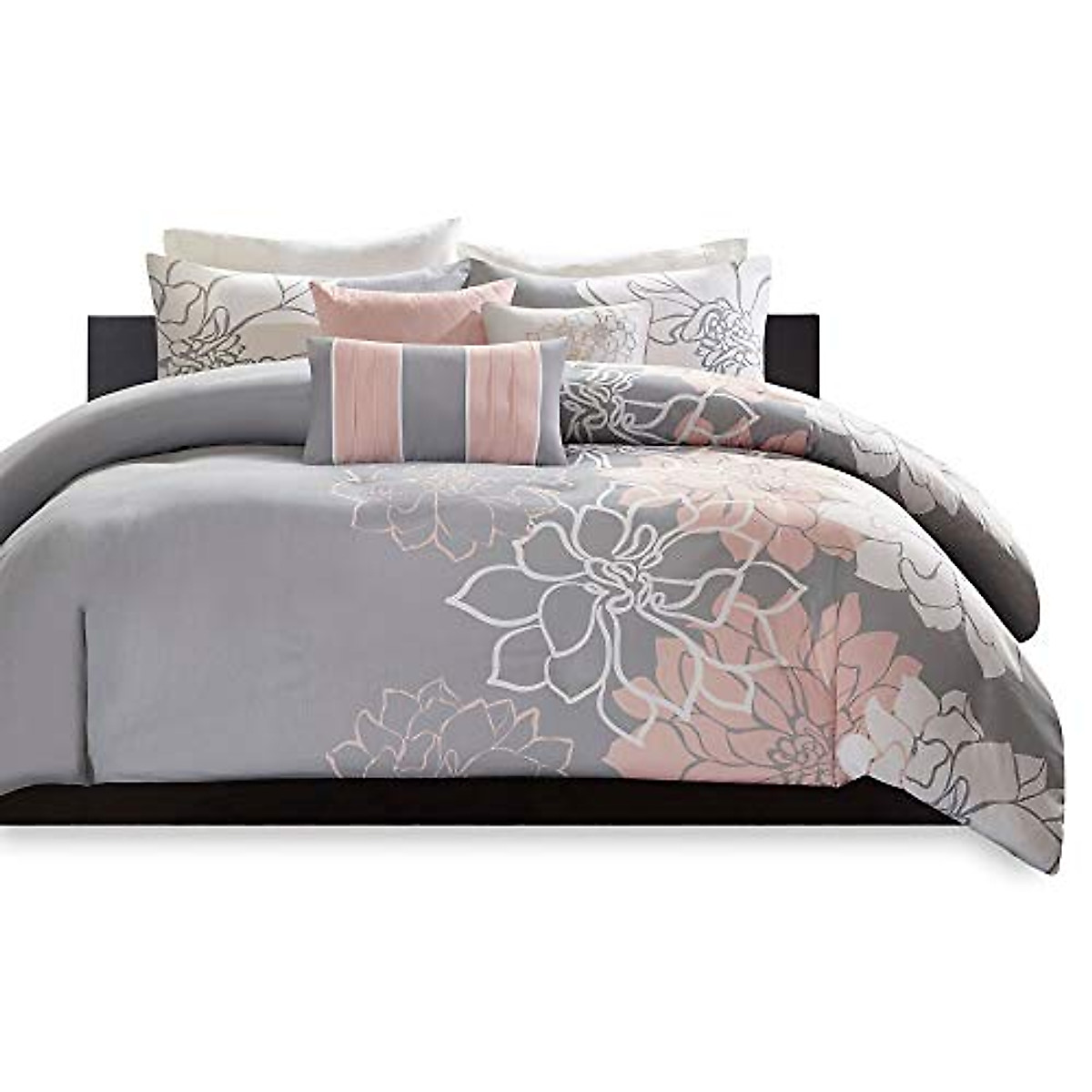 Madison Park Lola Sateen Cotton Comforter Set-Casual Medallion Floral Design All Season Down Alternative Bedding, Shams, Bedskirt, Decorative Pillows, Queen, Grey/Blush 7 Piece