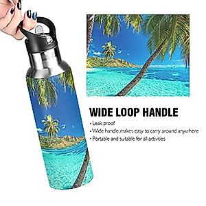 xigua Tropical Beach Palm Trees Water Bottle Stainless Steel Vacuum Insulated Water Bottle Standard Mouth Wide Handle Bottle with Straw Lid for Sports School Gym Outdoor,20 oz.