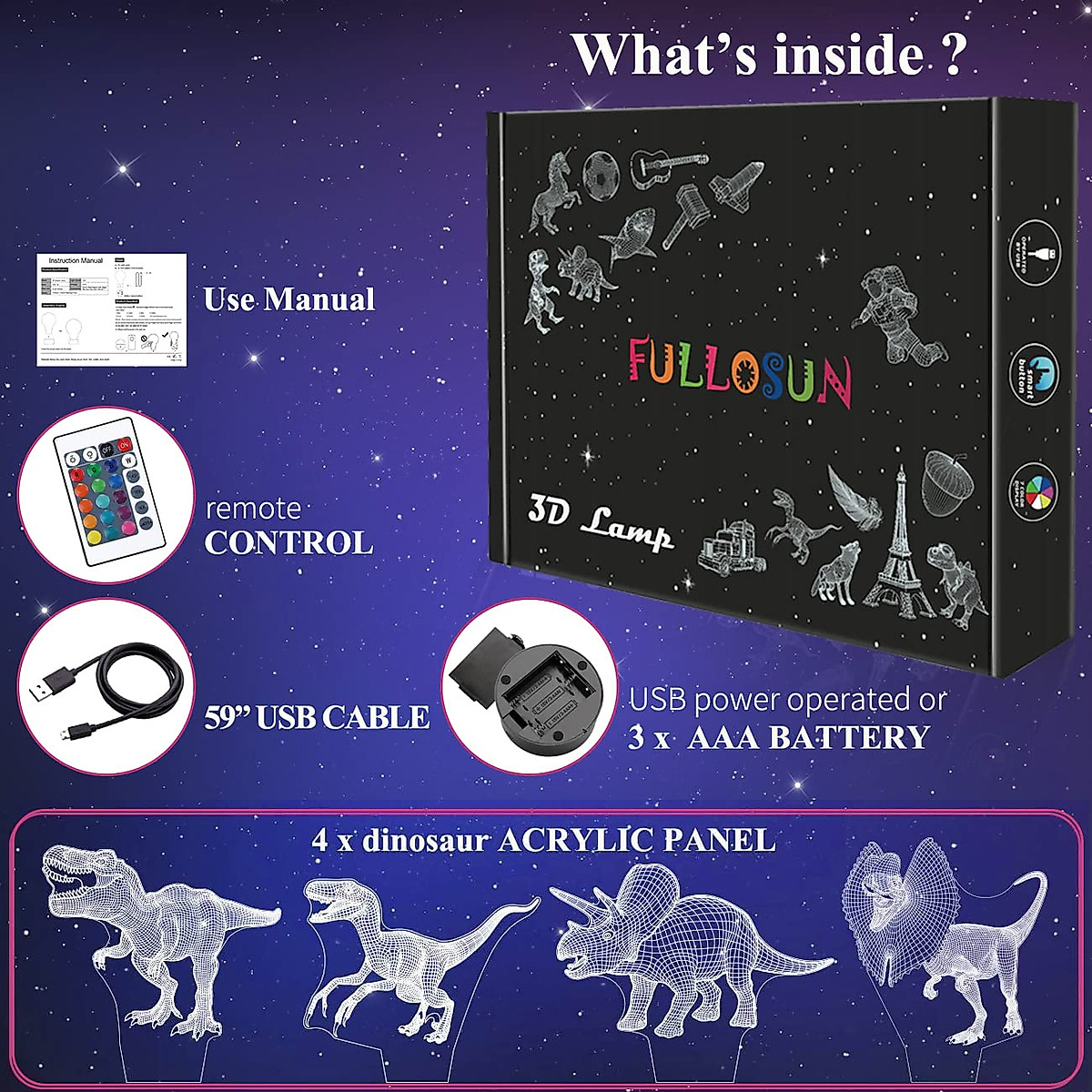 FULLOSUN Dinosaur Gifts, T-rex Dinosaur 3D Night Light for Kids (4 Patterns) with Remote Control & 16 Colors Changing & Dimmable Function & Gift Wrap, Xmas Birthday Gifts for Boy Girl