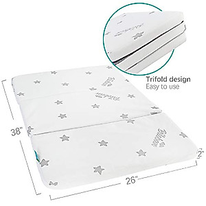 Trifold Pack and Play Mattress Topper 38" x 26", Waterproof Breathable Soft Portable Foldable Playard Mattress Pad, Baby Portable Foam Playpen Mattresses with Removable Zippered Cover White