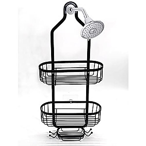 kinla Rustproof Shower Caddy 2 Tier Bathroom Organizer with Hooks and Shelves - Overhead Hanging Storage Rack for Shampoo, Soap, Razor, and Washcloth (Black)