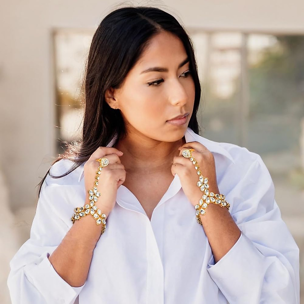 Duel On Jewel Traditional Indian Ethnic Womens Bridal Wedding Party Gold Plated Hand Piece Ornament Haath Phool Bracelet Set Attached with One Adjustable Ring in White Kundan Stone