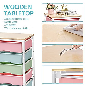 TOOLF Rolling Storage Cart with 6 Drawers, Wooden Tabletop, Easy Movement, Large Capacity, Durable Construction & Colorful Style in White Bar