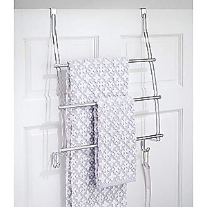 mDesign Adjustable Metal Over Door Towel Rack Holder for Shower and Bath, 3 Tier Rod Hanger with 2 Hooks for Bathroom - Hang Towel, Blanket, Washcloths, Loofahs, Sponges on Back of Door - Chrome