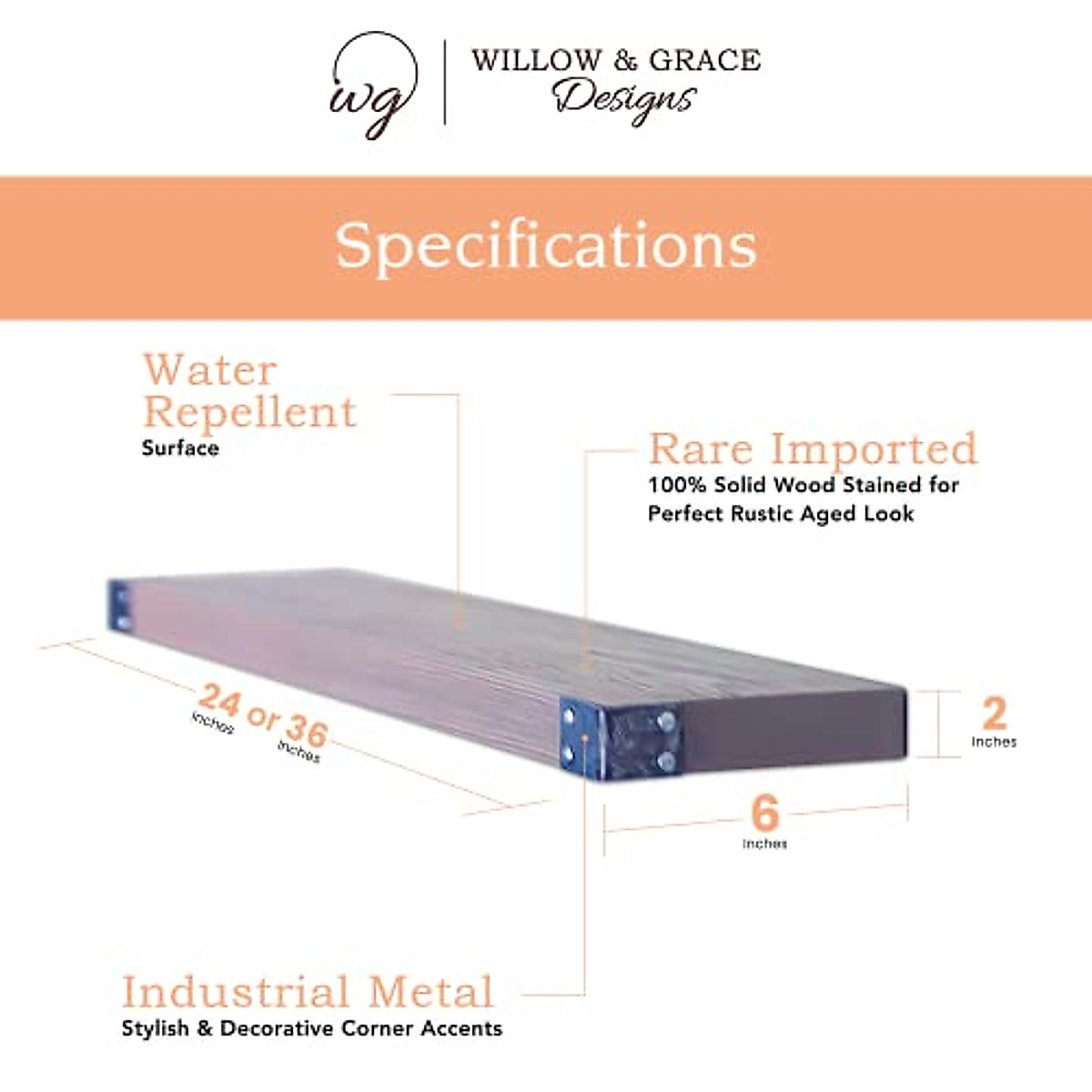 Willow & Grace Designs Modern Rustic Wooden Easily Mounted Floating Wall Shelves for Home Living Rooms and Bedrooms, Rustic Gray, 24 Inch, (Set of 2)