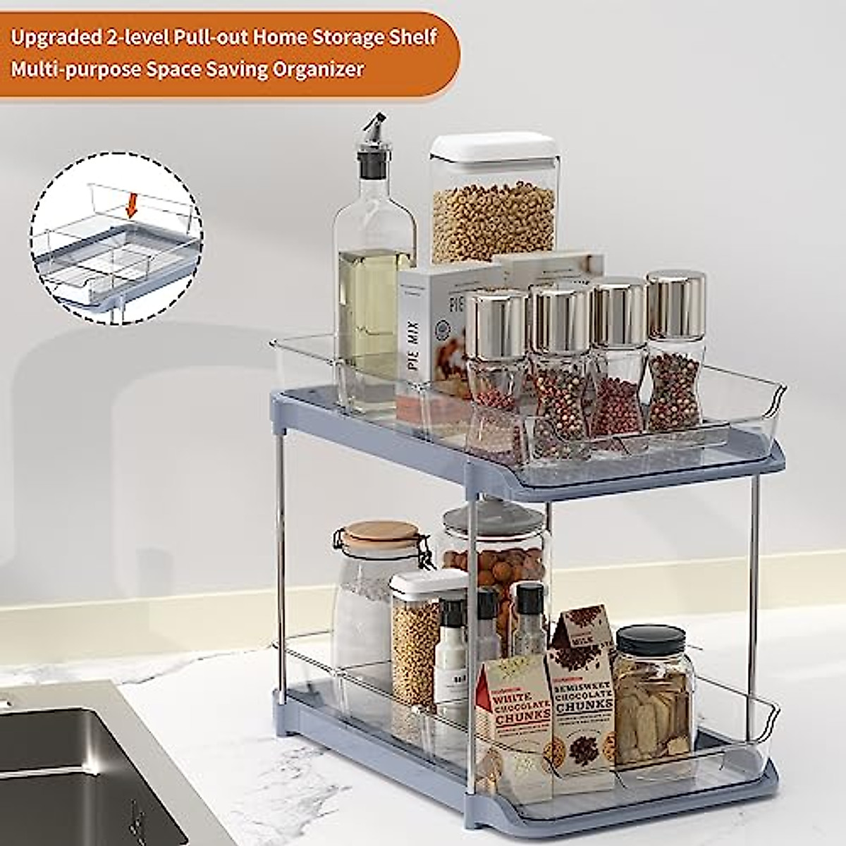 2 PCS Under Sink Organizers and Storage - 2 Tier Clear Bathroom Organizer Countertop, Multifunction Pull out Cabinet Organizer with 4 Movable Dividers, For Home, Kitchen, Office, Cabinet
