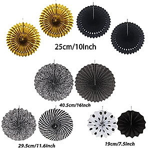 ZERODECO Party Decorations, 41 Pcs Black and Gold Papar Fans Pompoms Garlands String Tissue Paper Tassel for Graduation Congrats Grad New Years Wedding Birthday Party