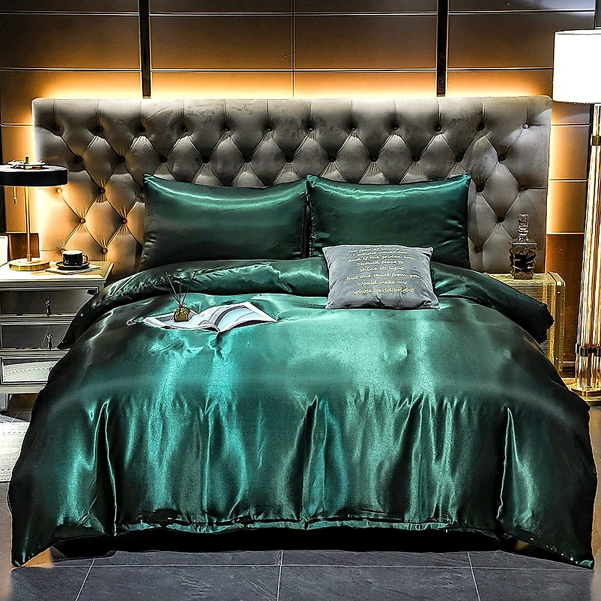 Erosebridal Hotel Green Duvet Cover Set Queen Silk Like Satin Bedding Set Summer Reversible Comforter Cover Honeymoon Sexy Luxury Soft Lightweight Brushed Bedspread Cover for Farmhouse Bedroom Decor