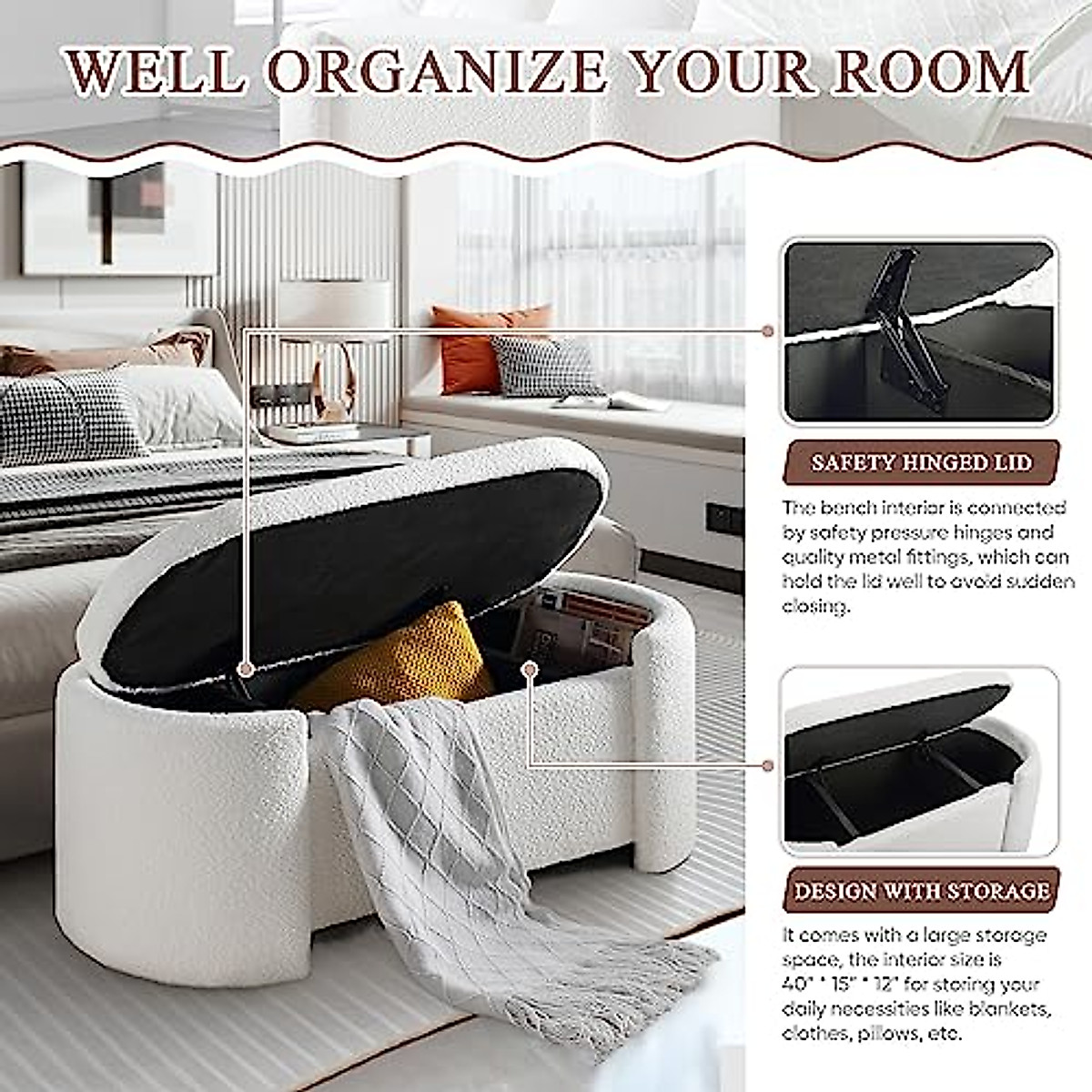 KINFFICT 43.4" Storage Ottoman Bench for Bedroom End of Bed, Upholstered Boucle Storage Bench, Modern Sherpa Benches Furniture with Safety Hinge for Entryway, Bedroom, Living Room, Teddy White