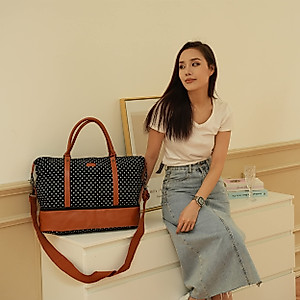 BAOSHA HB-28 Ladies Women Canvas Travel Weekender Bag Overnight Carry-on Duffel Tote Bag (Black Dot) 18 x 13 x 8 inch