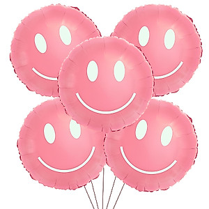 24Inch pink smile balloons,pink smiley face foil balloons for girl birthday party decoration/groovy party supplies(5pieces)