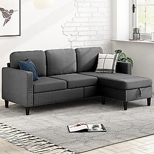 MUZZ Sectional Sofa with Movable Ottoman, Modern Linen L-Shaped Couch,3-Seater Sofa with Storage Ottoman,Free Combination Sectional Couch for Living Room/Office(Dark Grey)