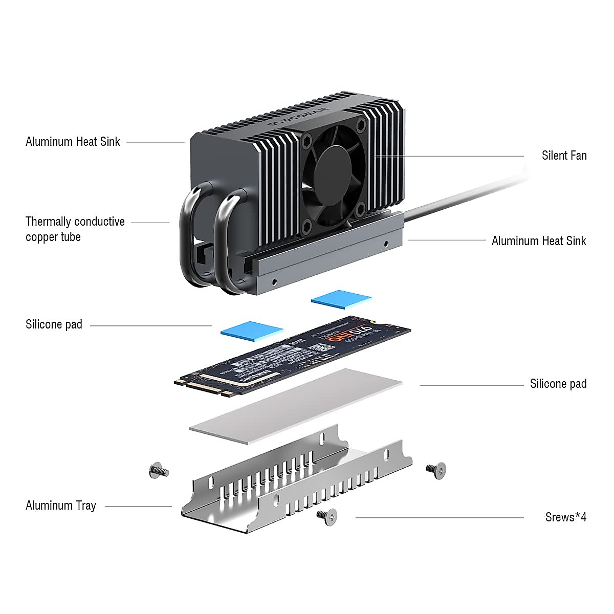 ElecGear M.2 2280 SSD Cooler, EL-80X PWM Cooling Fan + Heat Pipe + Solid Aluminum Heatsink for 80mm PCIe NVMe and SATA SSD Internal Solid State Drive, Thermal Pads Included