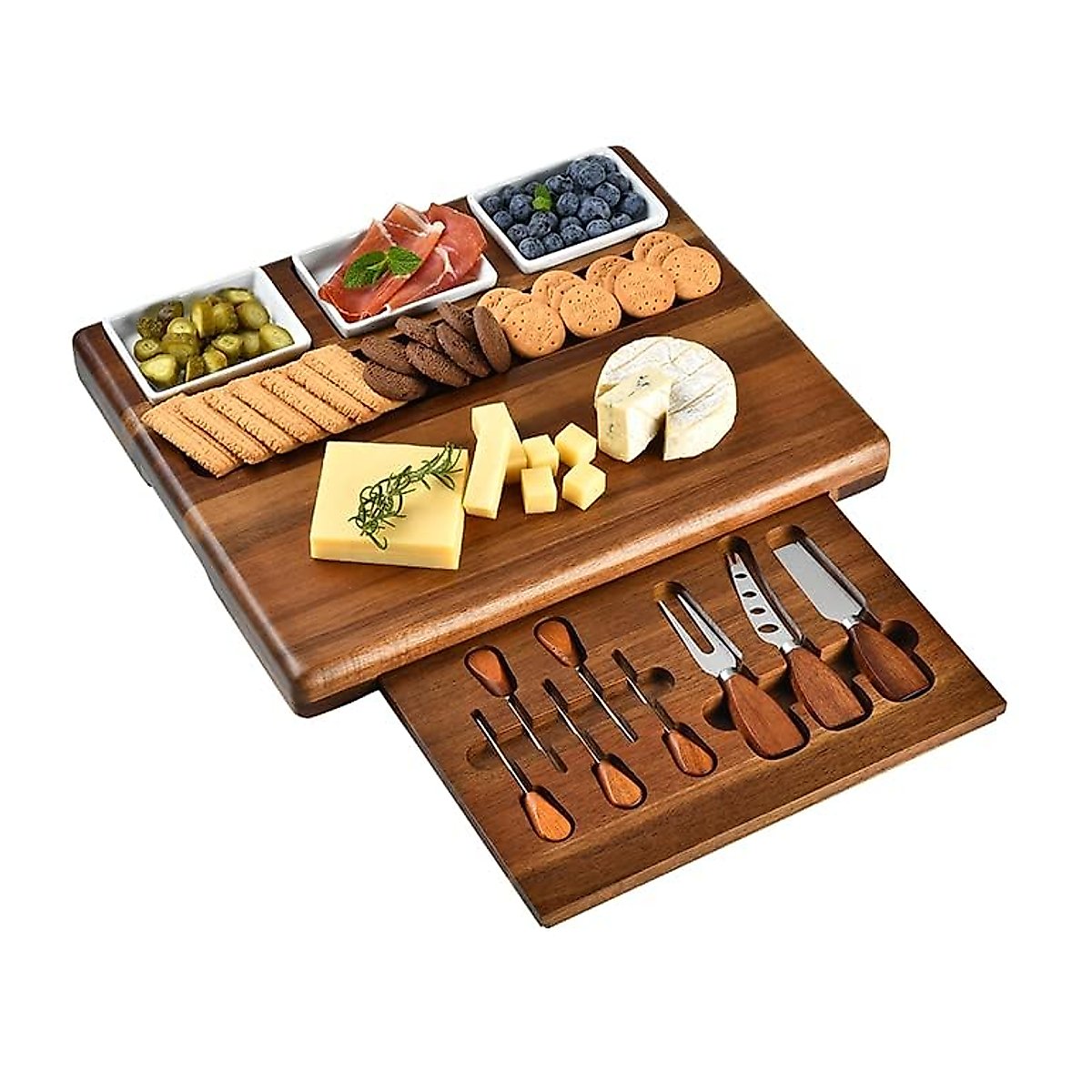 Shanik Upgraded Acacia Wood Charcuterie Board Set with 3 Removable Ceramic Bowls and Serving Utensils - Ideal for Hosting Elegant Parties and Entertaining Guest (Without Engraving)