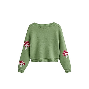SweatyRocks Girl's Cute Graphic Print V Neck Sweater Button Down Knitted Cardigan Top Green 11-12Y