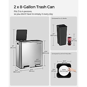 SONGMICS Trash Can, 2 x 8-Gallon Garbage Can for Kitchen, with 15 Trash Bags, 2 Compartments, Plastic Inner Buckets and Hinged Lids, Airtight, Silver and Black ULTB60NL