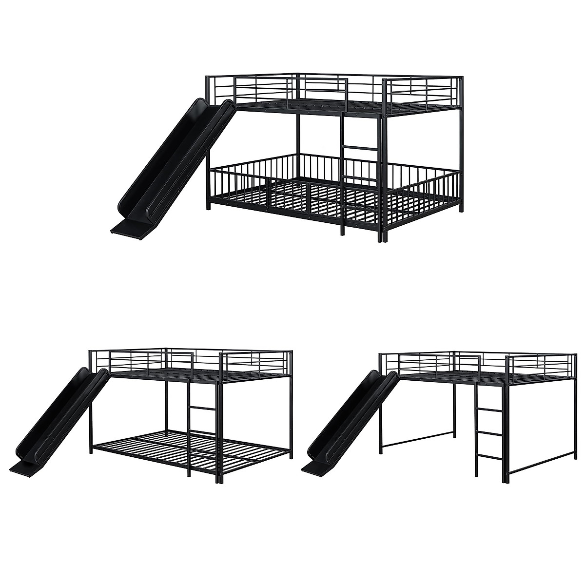 Bellemave Full Over Full Bunk Bed with Slide and Ladder, Metal Bunk Bed for Kids, Girls, Boys, Removable Fence, Low Bunk Bed with Slide, with Door, Black