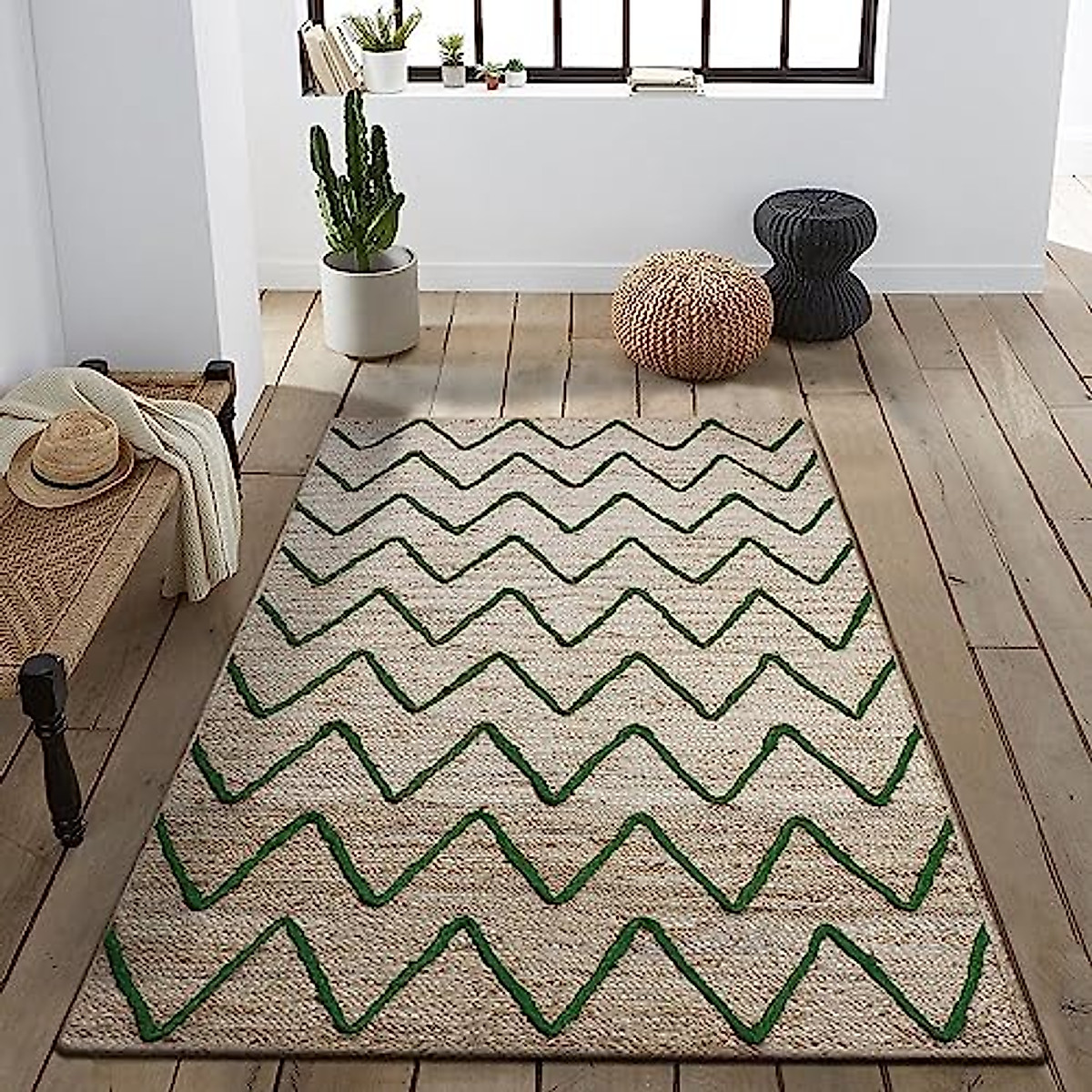 CASAVANI Natural Fiber Collection Runner Area Rug - 4' x 10' Ft Beige & Green Geometric Braided Jute Rug 0.27-inch Thick, Ideal for High Traffic Areas in Hallway & Stair, Outdoor Yoga Mat,