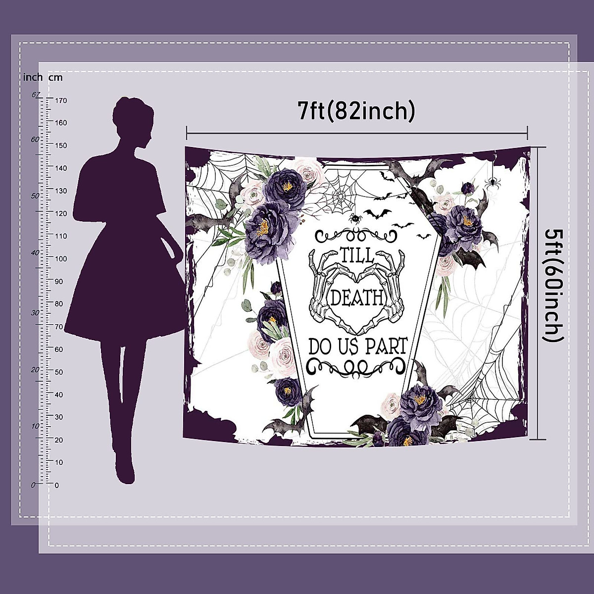 Mocsicka Till Death Do Us Part Backdrop Mr and Mrs Skull Halloween Wedding Party Decoration Flower Coffin Bachelorette Bridal Shower Engagement Party Banner (Purple, 7x5ft(82''x60''))