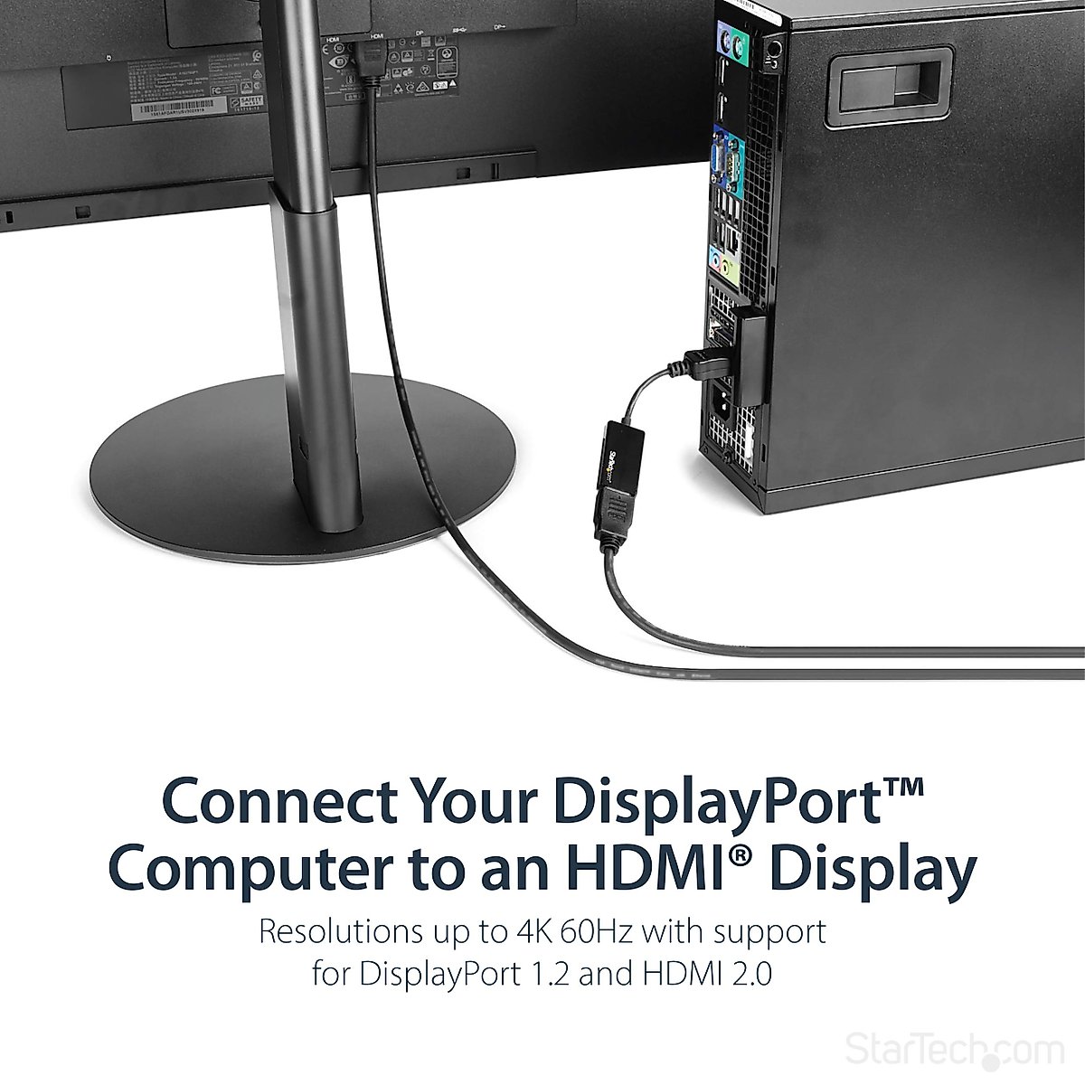 StarTech.com DisplayPort to HDMI Adapter - 4K 60Hz Active DP 1.4 to HDMI 2.0 Video Converter - DP to HDMI Monitor/TV/Display Cable Adapter Dongle - Latching DP Connector (DP2HD4K60S), Black