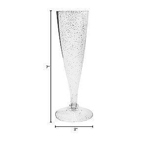 Oasis Creations Plastic Champagne Flute Glasses Set (100 count) 4.5 ounce - Silver Glitter Stem Cups -2 Pieces- Ideal for Birthday Party, Wedding Reception,Office Parties and other Celebrations!