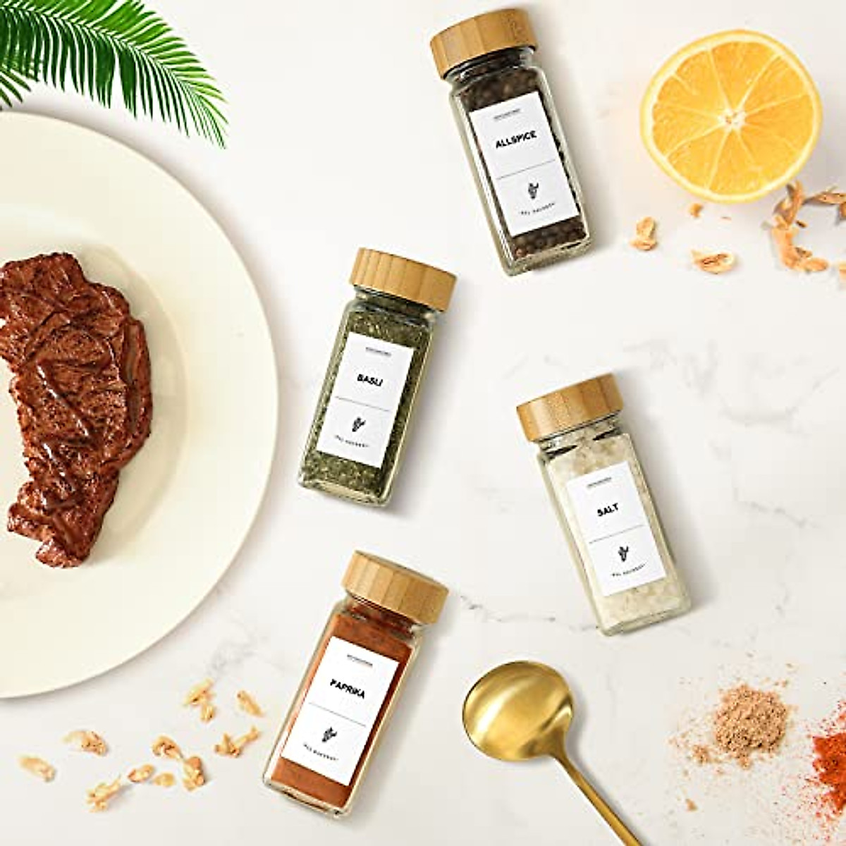 CUCUMI 40pcs Spice Jars with Labels 4oz Glass Spice Bottles with Bamboo Lids, Spice Labels Stickers, Shaker Lids, Funnel, Test Tube Brush, Seasoning Storage Containers for Spice Rack, Cabinet, Drawe