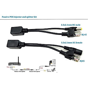 HUACAM Passive POE Injector and POE Splitter Kit with 5.5 x 2.1 mm DC Male and Female Power Adapter Connector POE Separator for RJ45 Power Over Ethernet (1 Pair)