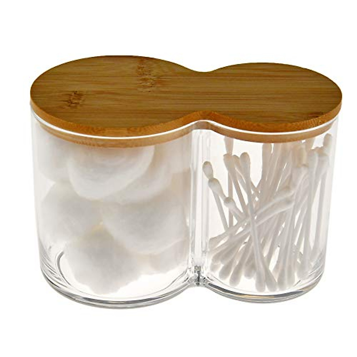 ARAD Cotton Ball, Swab, Q-tip Storage Set, 1-Piece, 2 Compartment, Clear Acrylic Jar Container with Bamboo Lid, Easy Organization on Bathroom Counters, Under-Sink Placement-6" L x 3.5" W x 4.5" H