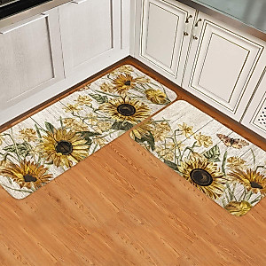 2 Piece Kitchen Mats Cushioned Anti Fatigue Sunflower Waterproof Non Slip Kitchen Rugs Washable Indoor Outdoor Sunflower on Wooden Board Butterfly 19.7x31.5+19.7x47.2
