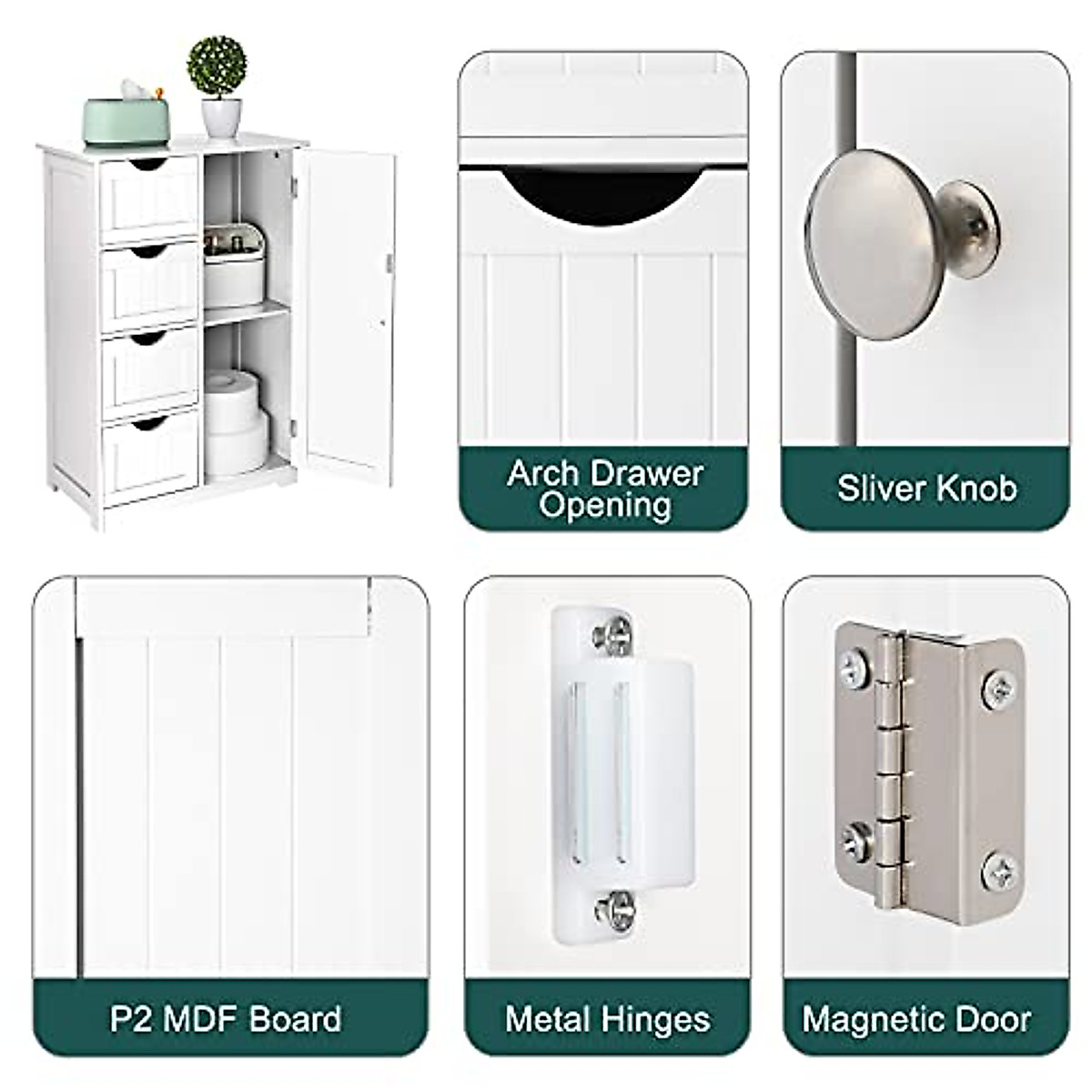 Bonnlo Small Bathroom Floor Cabinet Kitchen Storage Organizer Free Standing Bathroom Towel Cabinet Wooden Linen Entryway Storage Unit with 4 Drawers and 1 Cupboard Home Decor Furniture (White)