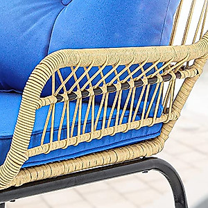 YITAHOME 3-Piece Outdoor Patio Furniture Wicker Bistro Set, All-Weather Rattan Conversation Chairs for Backyard, Balcony and Deck with Soft Cushions, Glass Side Table (Light Brown+Navy Blue)