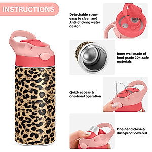 MCHIVER Leopard Print Kids Water Bottle with Straw Insulated Stainless Steel Kids Water Bottle Thermos for School Girls Boys Reusable Tumbler 12 oz / 350 ml Pink Top