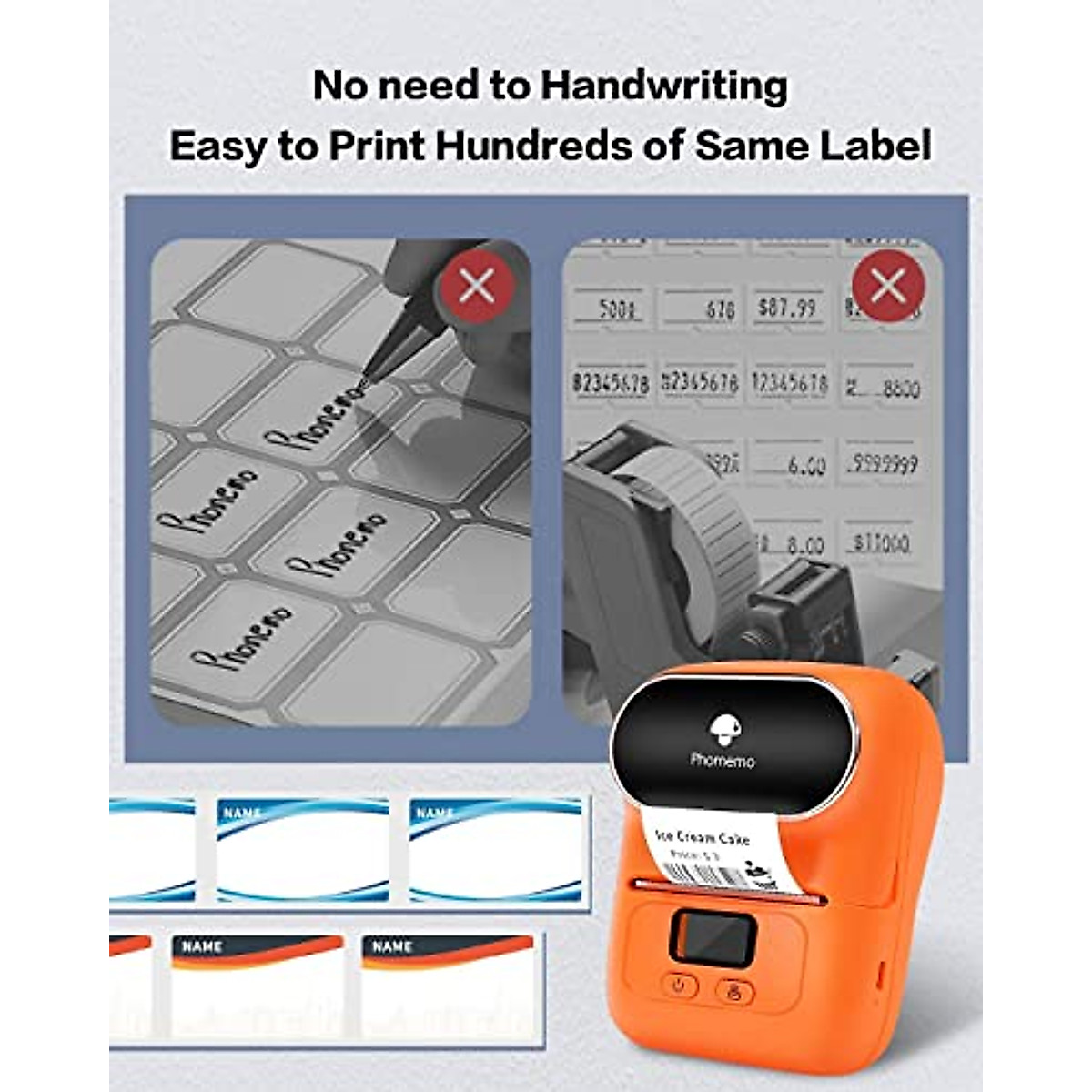 Phomemo M110 Mini Label Maker with 3 Rolls 1.57''x3.15'' (40x80mm)-Thermal Label Printer Maker for Barcode, Clothing, Jewelry, Retail, Mailing, Business, Compatible with Android & iOS, Orange