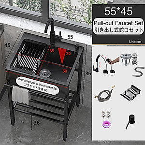 Black Stainless Steel Utility Sink Outdoor Kitchen Sink Station Laundry Sink Portable Sink Garage Sink Commercial Free Standing Sink with Hot&Cold Faucet Combo with Strainer Soap Dispenser Bracket ( C