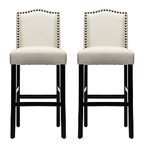 NOBPEINT Nail Head Studded Fabric Backed Bar Stools 29 inch Set of 2, Beige