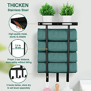 Towel Racks for Bathroom, Homikit Wall Mounted Towel Rack with Metal Shelf and 3 Hooks, 15 Inch Rolled Towel Holder Bath Storage Organizer, Vertical Rack for Small Space Bathroom Wall Decor, Black