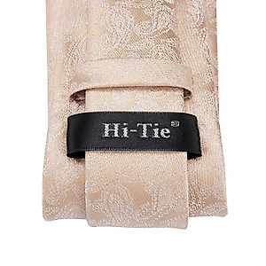 Hi-Tie Champagne Khaki Tie Paisley Silk Mens Neckties with Pocket Square Cufflinks for Wedding Business Party