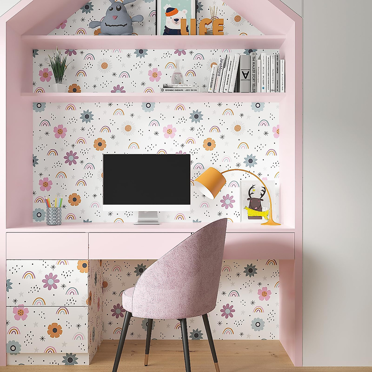 CHIHUT Boho Rainbow Peel and Stick Wallpaper - Watercolor Cute Flowers Stars Contact Paper for Kids - Self Adhesive Removable Wall Decals for Girls Bedroom Cabinets Walls 17.7"x100"