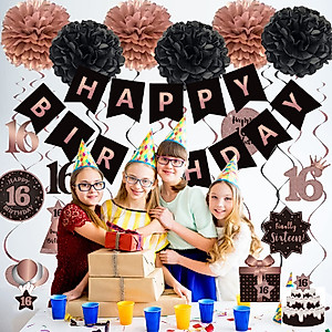 BRT Bearingshui Happy 16th Birthday Hanging Swirls Streamers Decoration, Happy Birthday Banner with Tissue Pompoms, Rose Gold and Black 16 Years Old Birthday Party Hanging Backdrop Decorations