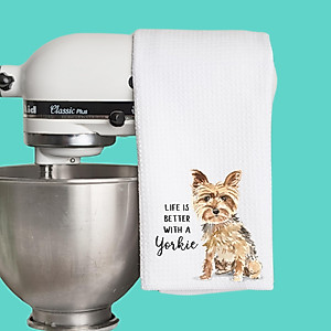 Watercolor Life is Better with a Yorkie, Yorkshire terrier Microfiber Kitchen Tea Bar Towel Gift for Animal Dog Lover