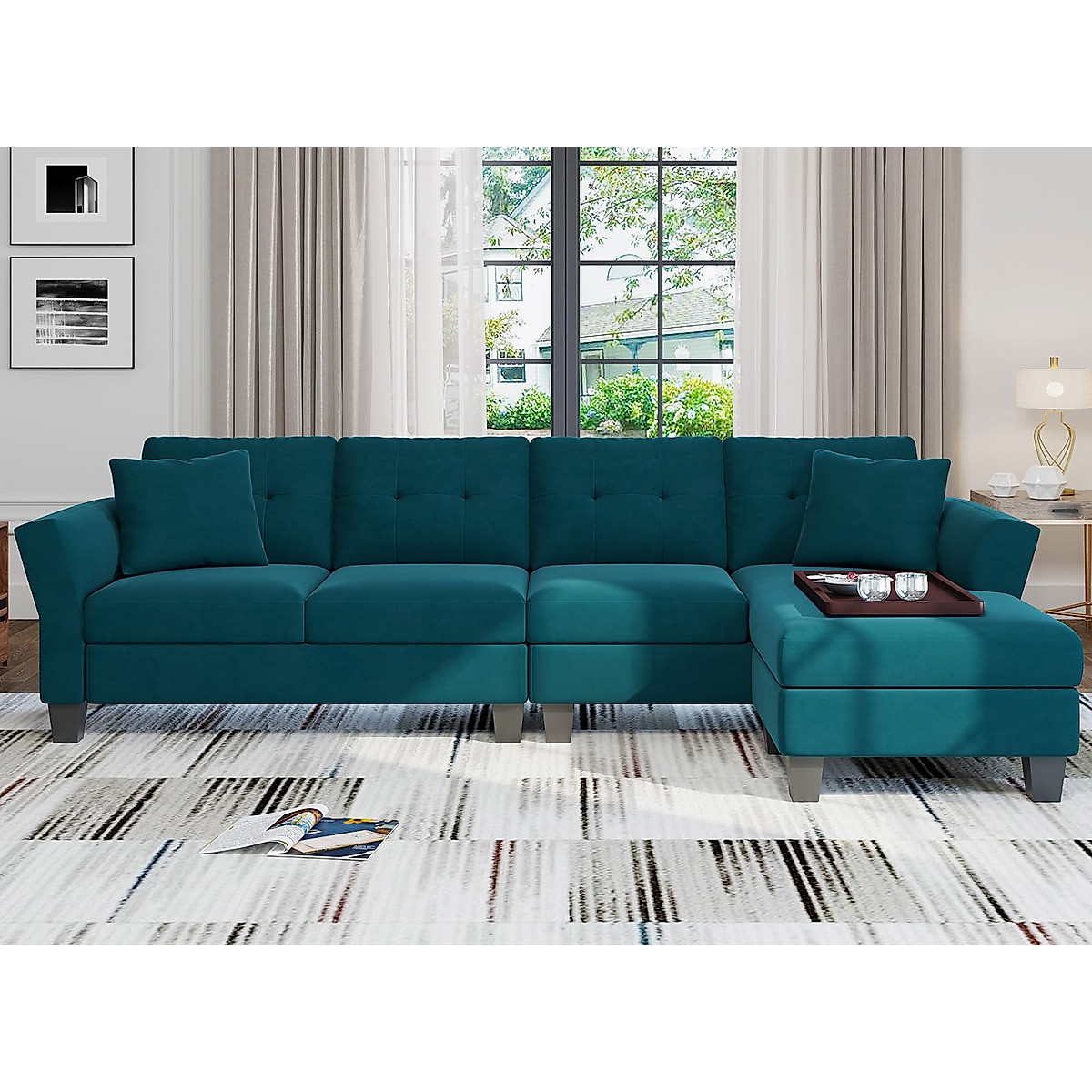 Belffin Convertible Sectional Couch Velvet L Shaped Sofa 4 Seat Sofa with Chaise L-Shaped Couches Reversible Sectional Sofa Peacock Blue